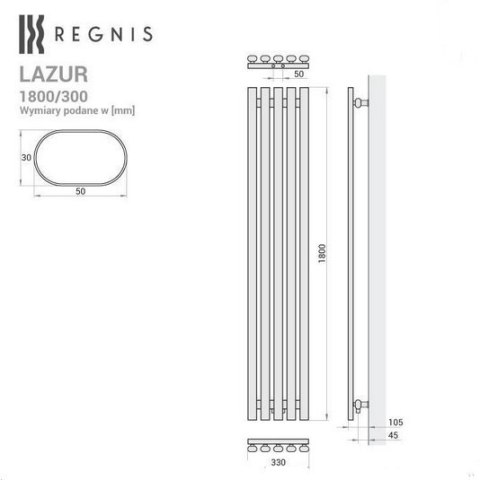 Grzejnik pionowy LAZUR 330/1800 mm biały D50 > REGNIS